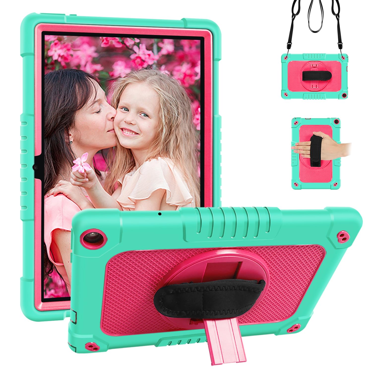 FIEWESEY Case for Walmart ONN 10.1 Inch Gen 3 2022 Tablet(Model:100071485),Shoulder Strap Hand Strap 360 Rotatable Stand Kids Shockproof Case for Walmart Onn 10.1 Inch 3nd Gen Tablet(Green/Pink)