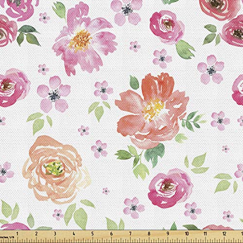Lunarable Floral Fabric by The Yard, Shabby Form Garden Flowers Roses Tulips Watercolor Abstract Art, Decorative Fabric for Upholstery and Home Accents, 1 Yard, Pale Pink