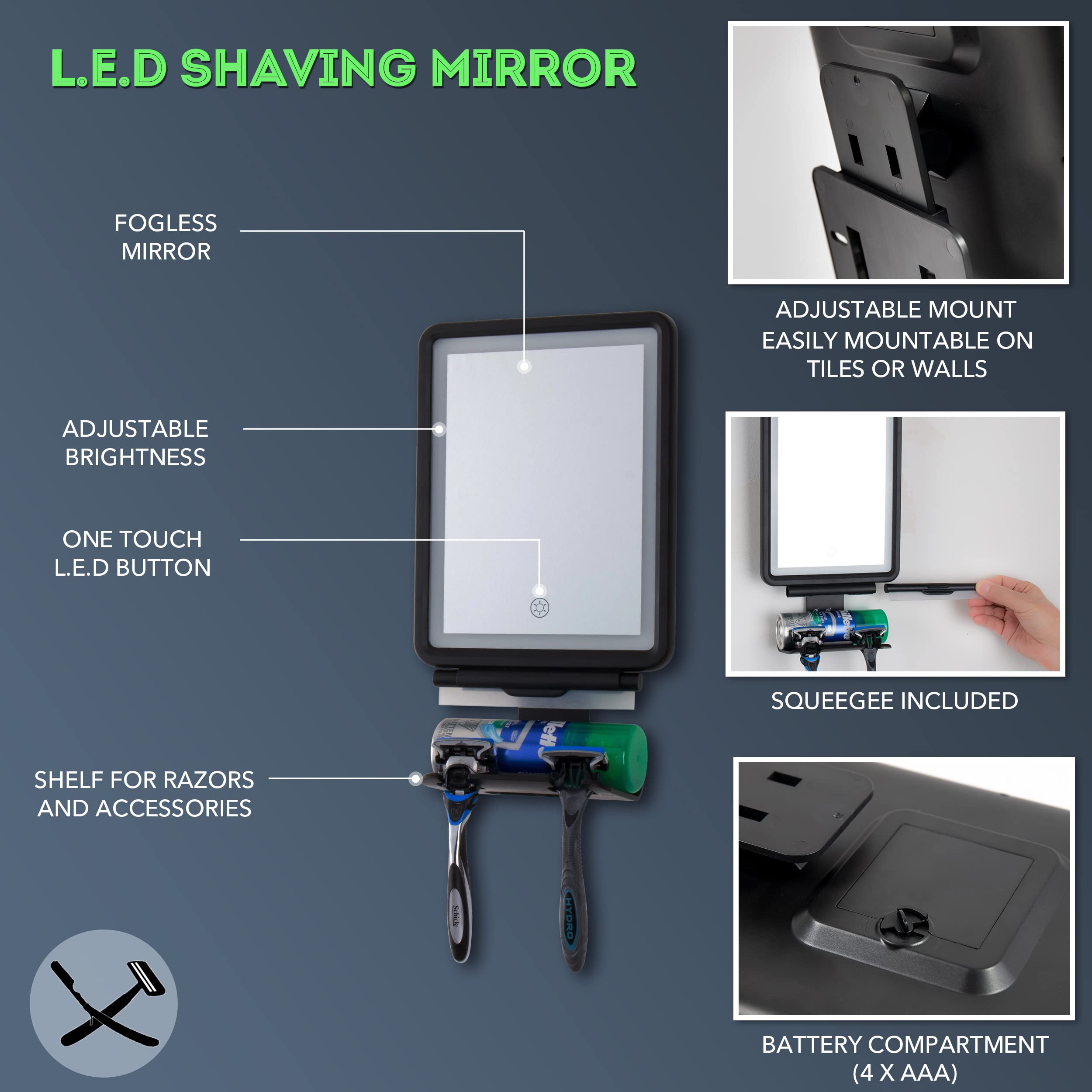Clean Shave Fogless Shower Shaving Mirror with LED Lights - Clear Bright Mirror - Modern, Smooth Design - Storage for Razor and Bathroom Accessories - Squeegee - Tile or Wall Mounted, Easy to Install