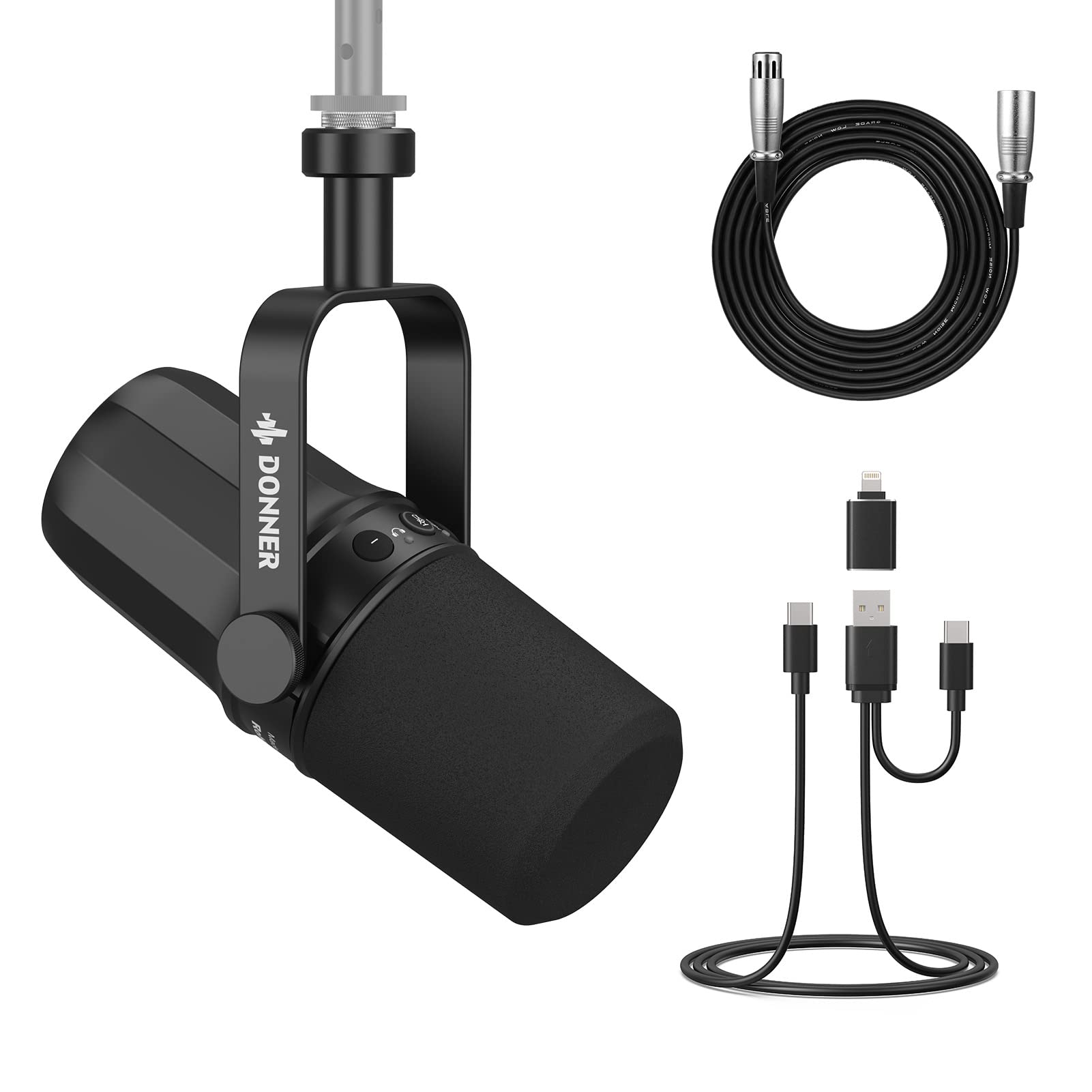 Donner XLR/USB Podcast Microphone, Vocal Dynamic PC Microphone for Recording, Live Streaming & Gaming, All Metal Cardioid Mic with Built-in Headphone Output, for iPhone & PS4/5, Black, UA-44