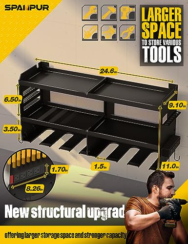 Power Tool Organizer Wall Mount with Charging Station, Garage Tool Shelf 6 Drill Holders, Tool Battery Holder with Screwdriver Heavy Duty Rack, Tool Storage Rack with 4 Outlet Power Strip