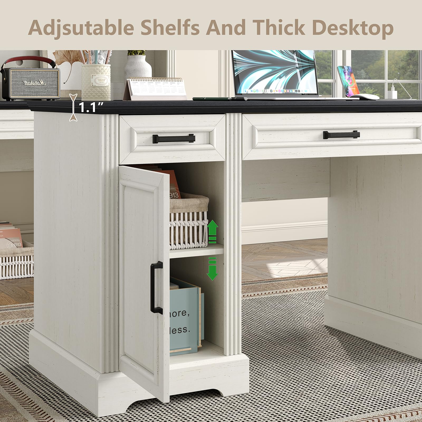 Furnihold 58" Executive Desk, Farmhouse Computer Desk with Drawers and Cabinet with Charging Station, Wooden Home Office Desk, Workspace for Work Study Writing, Black Tabletop, Off White