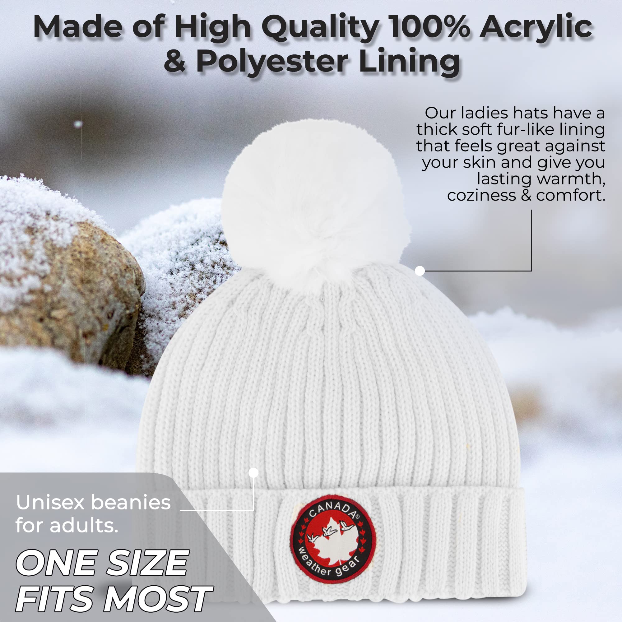 CANADA WEATHER GEAR Knitted Hat for Women - Cozy Winter Hat with Pom Pom - Single Cuffed Beanie Hat, White, One Size