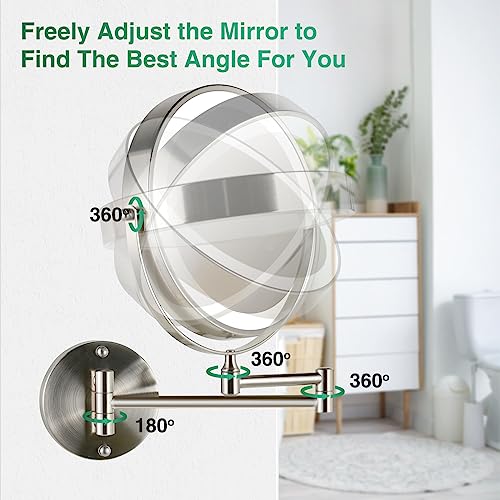 GREENFROM Rechargeable Wall Mounted Makeup Mirror Brushed Nickel, 8.5'' Magnifying Mirror with Lights Double-Sided 1X/10X 360° Rotation Extension Bathroom Shaving Mirror with Foldable Arm