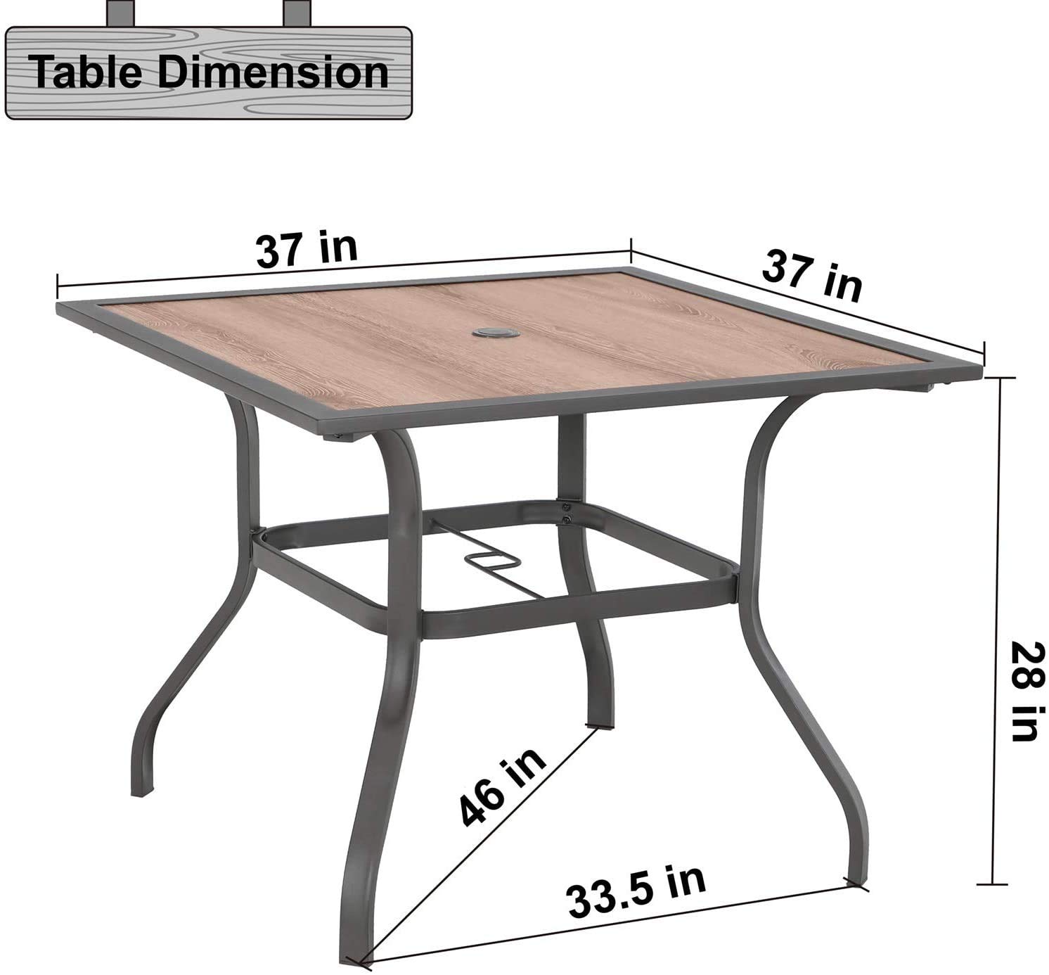 MFSTUDIO 37" Square Backyard Bistro Table Patio Dining Table Outdoor Furniture Garden Table, Imitation of Wooden Surface Top, 1.57β Umbrella Hole, Gray Frame