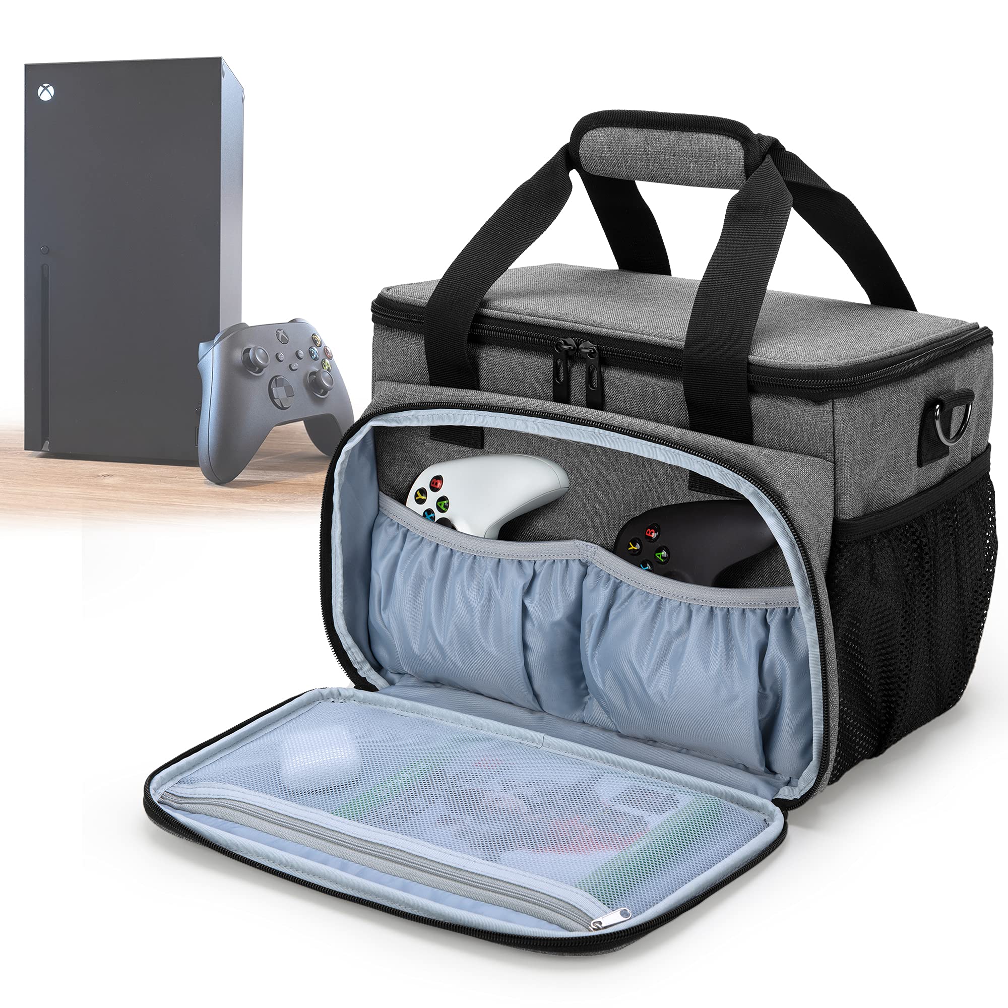 CURMIO Carrying Case Compatible with Xbox Series X Game Console and Accessories, Portable Carrying Bag with Shoulder Strap for Controllers, Cables, Headsets, Ideal for Game Player, Bag Only, Grey