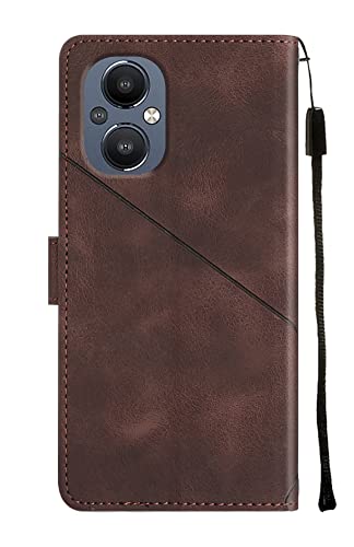 Compatible with OnePlus Nord N20 Wallet Case with Credit Card Slots Kickstand and a Wrist Strap Brown Leather Protective Cover with Embossed Design for 5G 6.43 inch