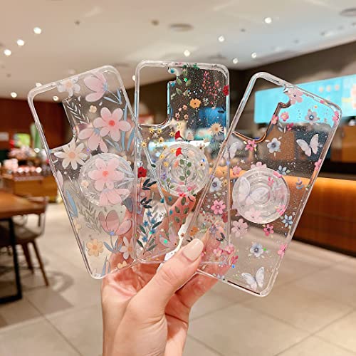 CrazyLemon for Samsung Galaxy Note 20 Case Silicone Clear Floral Design with Stand Ultra Thin Transparent Cute Aesthetic Pink Flowers Pattern Soft TPU Shockproof Protective Phone Case for Women Girls