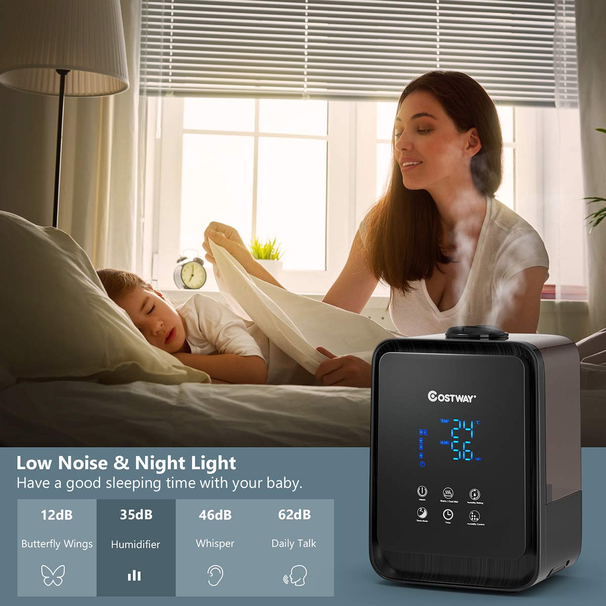 COSTWAY Ultrasonic Air Humidifier, 4.5L/1.2 Gallon, Warm and Cool Mist Humidifier, Whisper-quiet Operation, w/LED Touch Display and Remote Control, for Bedroom, Living room, and Baby room (Black)