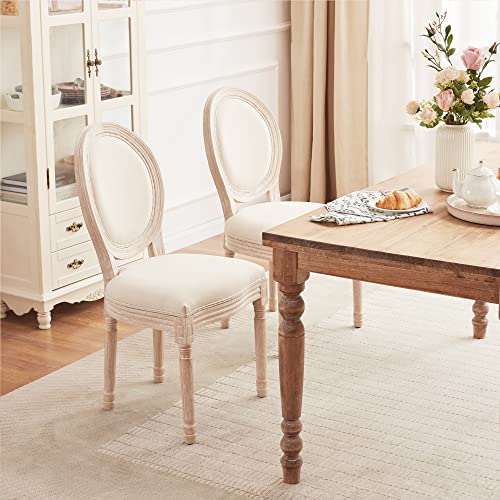 French Country Dining Chairs Set of 2, Farmhouse Dining Chairs with Round Backrest, Mid Century Upholstered King Louis Back Accent Side Chair with Solid Wood Leg for Dining Room Bedroom Kitchen