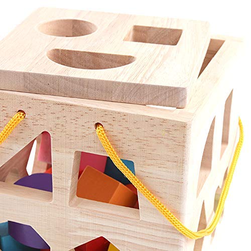 QZMTOY Shape Sorter Toys with 19 Shape Blocks,Shape Sorting Cube Toy Box Classic Wooden Toys for Toddlers Kids,Gift for Girls Boys 2-4(Natural Solid Wood)