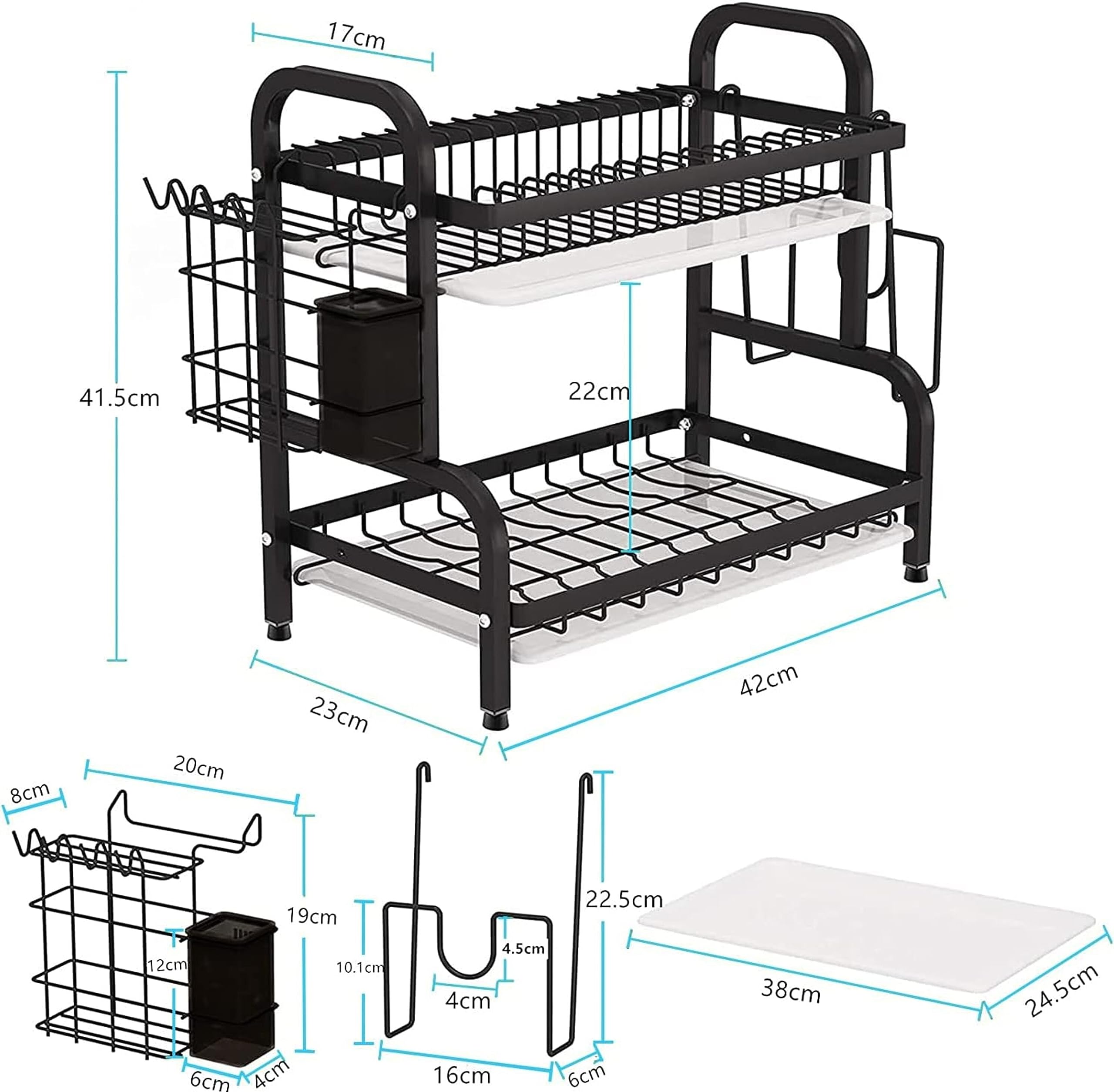 Dish Drainer, 2 Tier Stainless Steel Dish Drying Rack, Utensil Holder, Cutting Board Holder, Rust Proof Large Dish Drainer for Kitchen Counter, with Plastic Trays to Catch Drained Water