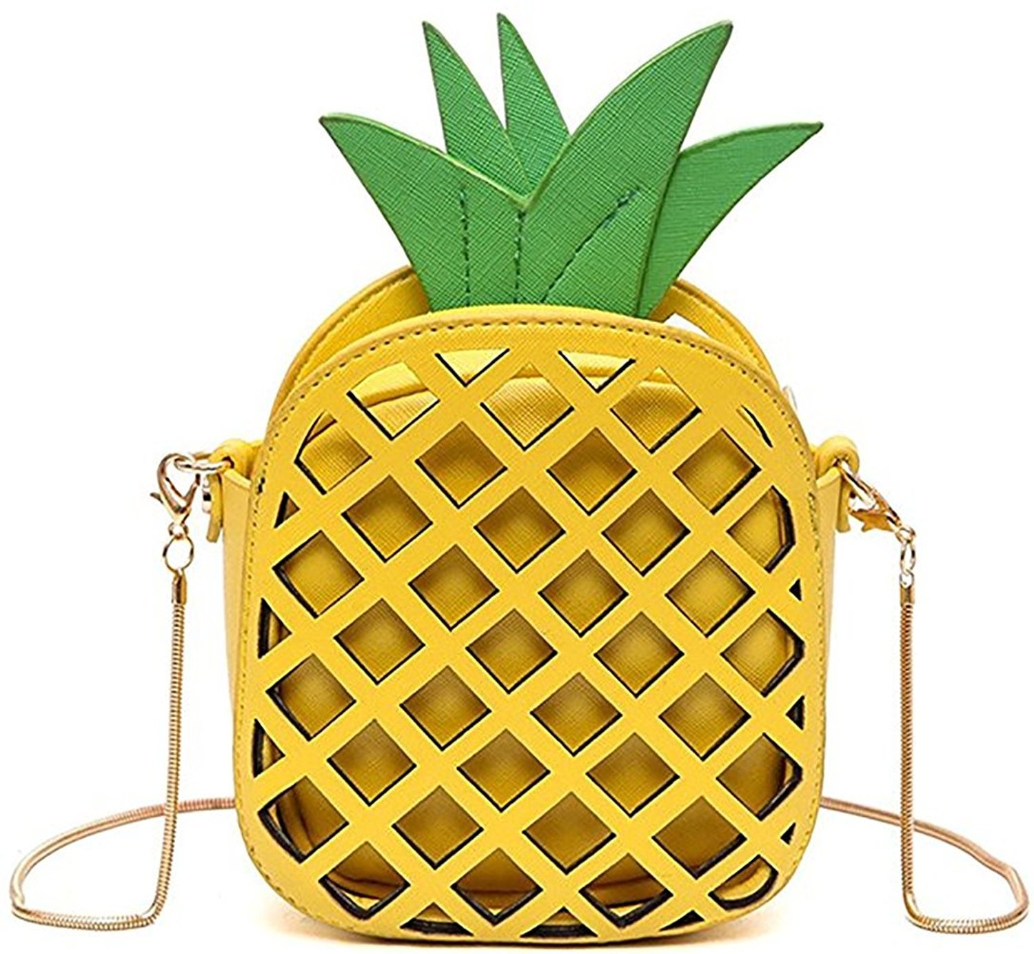 QZUnique Fruit Shape Handbag PU Crossbody Metal Chain Shoulder Bag Adjustable Strap Clutch Jelly Purse Pineapple