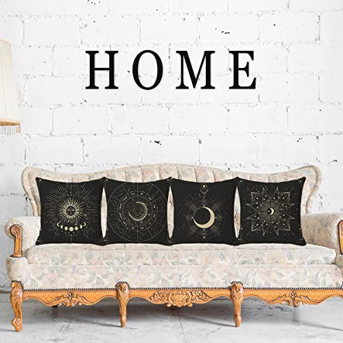 CARROLL Set of 4 Retro Sun and Moon Mandala Bohemian Style Summer Decor Square Cushion Case Decorative for Sofa Couch Patio 18 x 18 Inch