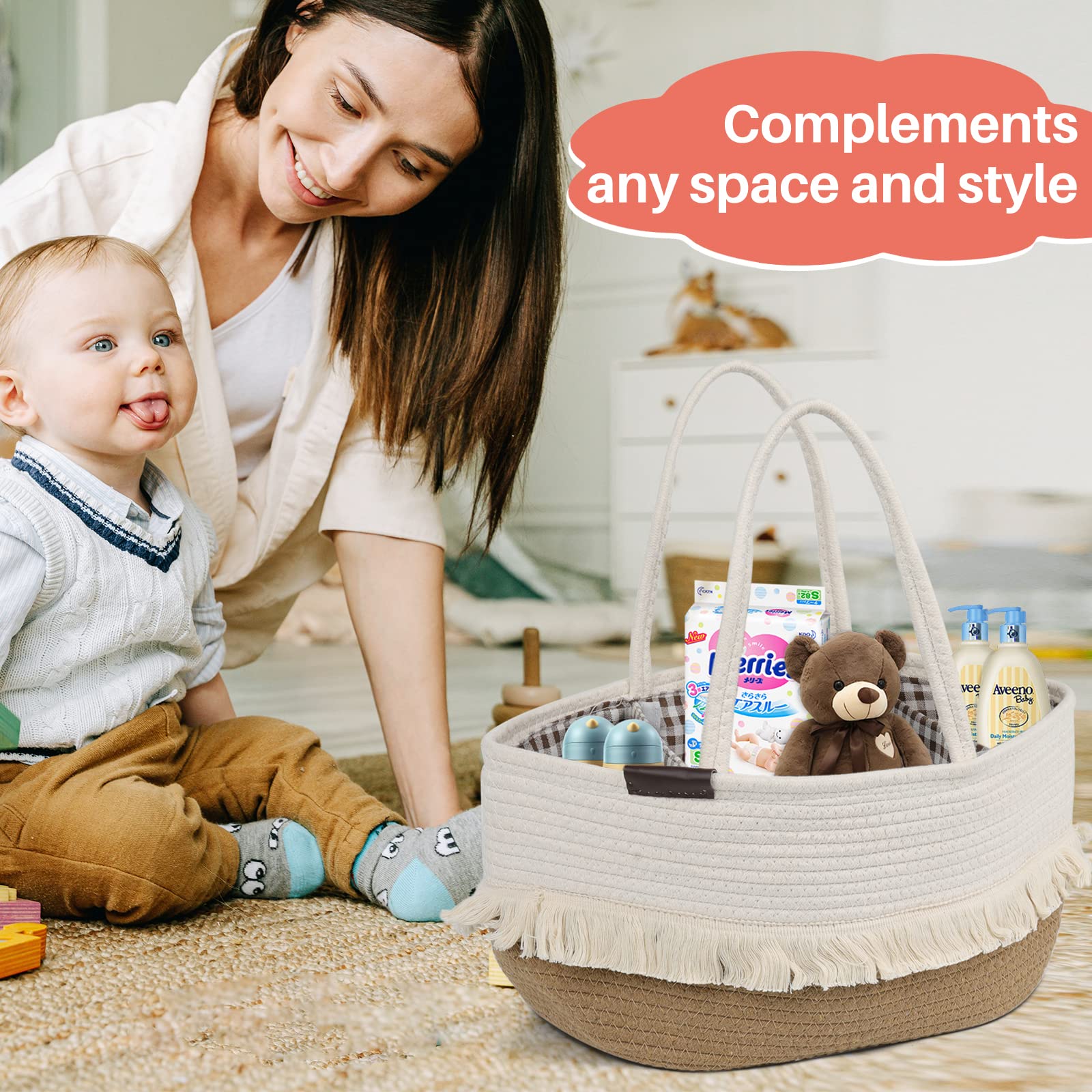 G.a HOMEFAVOR Baby Diaper Caddy Organizer - Extra Large Nappy Caddy Rope Nursery Storage Bin - Large Diaper Basket, 3 Compartments and 2 Removable Dividers, Brown