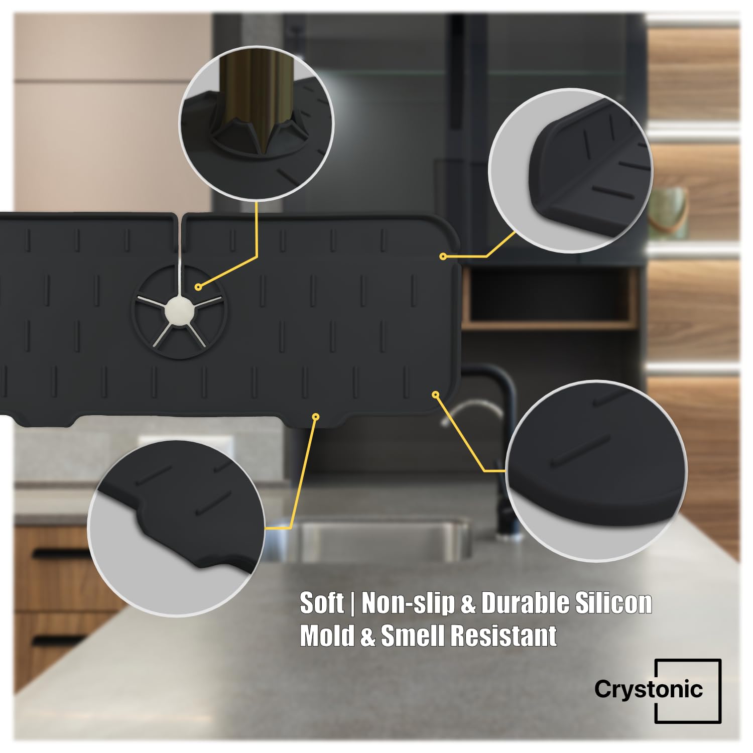 Crystonic Faucet Sink Splash Guard Drain Mat, Dish Soap Sponge Dispenser Brush Holder, Kitchen Bathroom Gadgets & Accessories, Soft & Non-Slip Premium Silicone-Black (14.33" x 5.51")