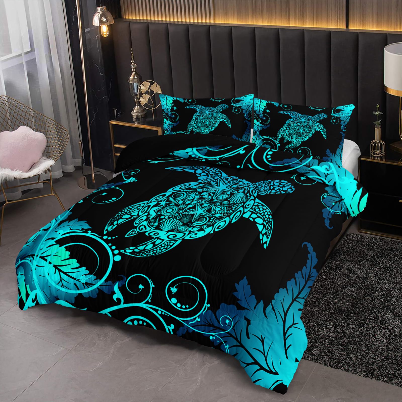 Nttopship Blue and Black Sea Turtles Comforter Sets Twin Size， Bedding Sets for Kids,Oceans and Starfish Comforter Sets All Season 1 Comforter and 2 Pillowcases