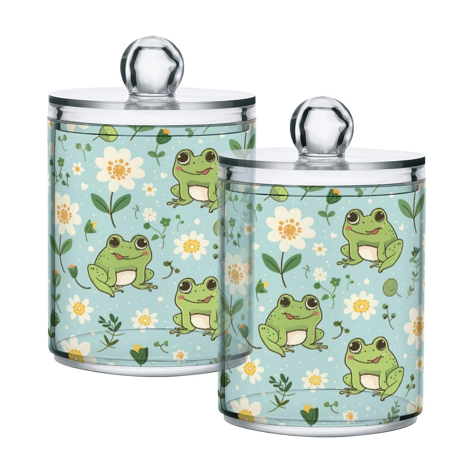 GOODOLD Cute Kawaii Frogs Qtip Holder 2 Pack - 10 Oz Clear Plastic Apothecary Jar Set for Bathroom Organization - Versatile Canister Storage for Cotton Balls, Swabs, Rounds