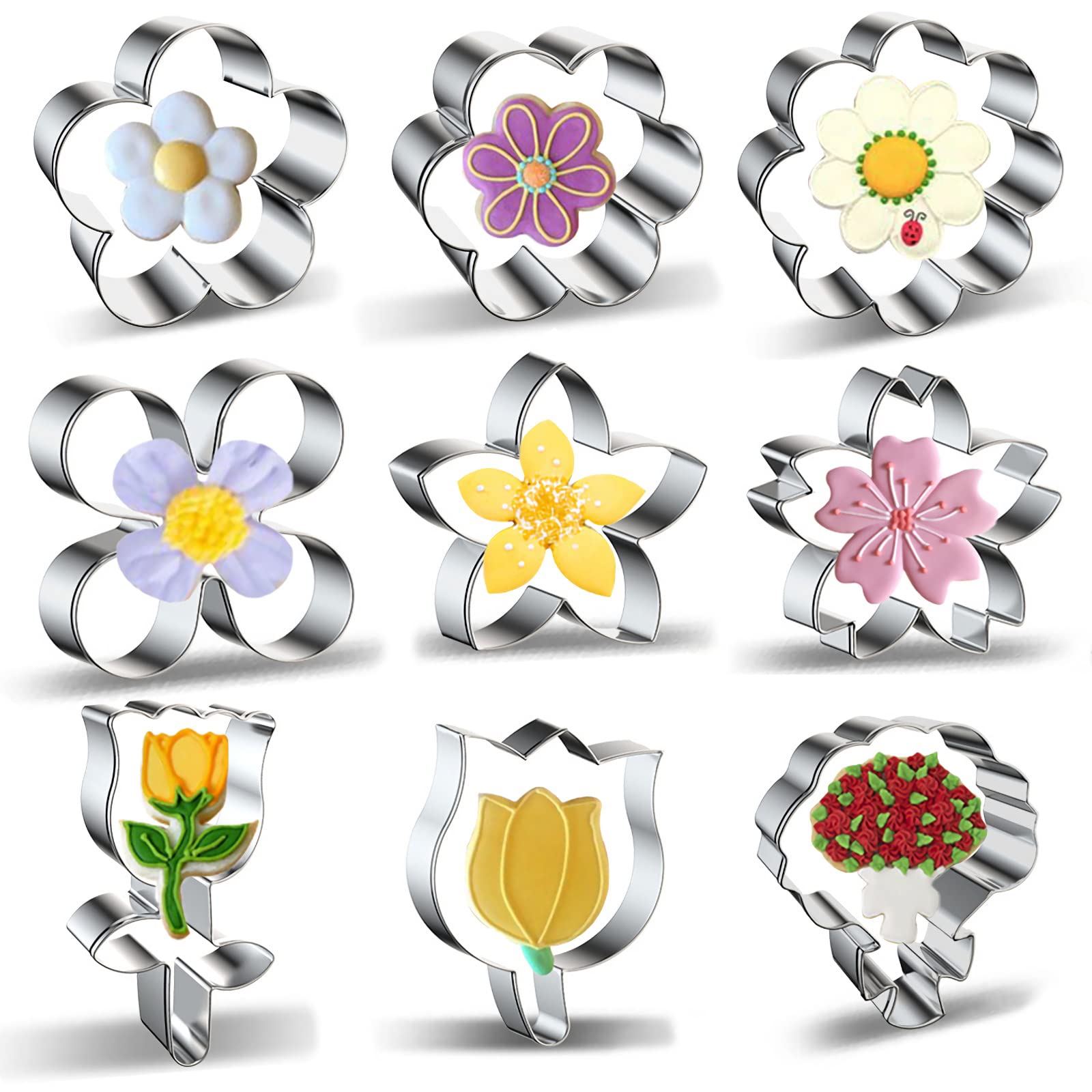 Flower Cookie Cutter Set 9-Piece Rose, Tulip, Lilac, Cherry Blossom, Plum Blossom, Frangipani, Daisy, Sunflower, Bouquet, Scalloped Edge Summer Flowers Cookie Cutters Shapes Biscuit Fondant Molds