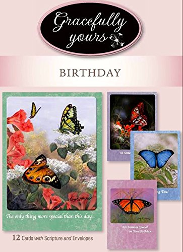 Gracefully Yours Blessed Birthday Greeting Cards Featuring Butterflies by Artist Larry Martin, 12, 4 Designs/3 Each with Scripture Message
