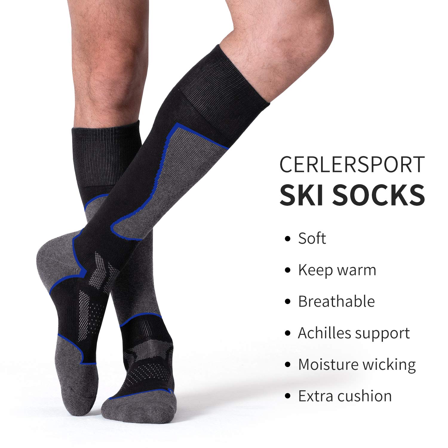 CS CELERSPORT 2 Pack Ski Socks for Men and Women Skiing, Snowboarding, Cold Weather, Winter Performance Socks, Black+Blue, X-Large