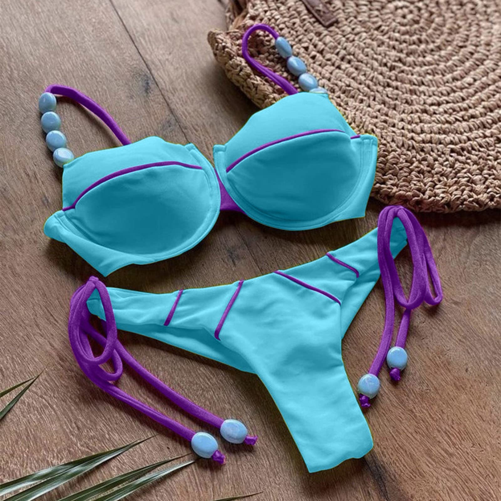 European and American Sexy Underwire Split Bikini Women's Swimsuit Women's Wrap Bikini Suit Push Up High Waist Two Piece Blue