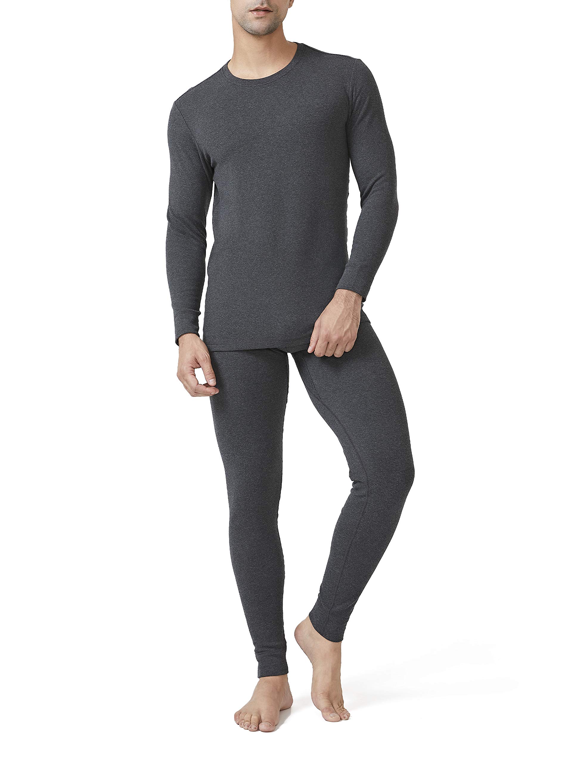 DAVID ARCHY Men's Cotton Fleece Lined Shu Velveteen Stripe Ultra Soft Winter Warm Top & Bottom Thermal Set Long John with Fly (L, Dark Gray Stripe)