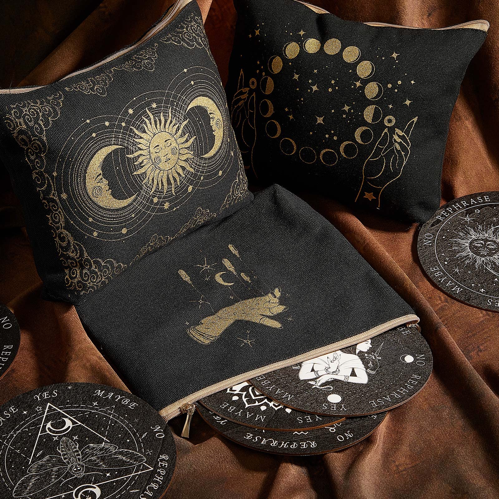 Saintrygo 6 Pcs Witchy Gifts Halloween Tarot Makeup Bag Witch Stuff Tarot Cards Phase Bag Crystals Toiletry Witch Bag Aesthetic Moon Canvas Cosmetic Makeup Bag for Witchcraft Lover Women Witch Coven