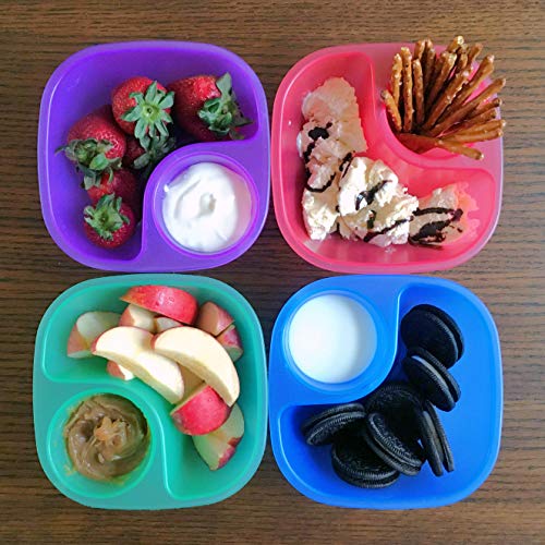 Rolling Sands Reusable Snack and Dip Bowls, 5 Pack, USA Made, Dishwasher and Microwave Safe Personal Size Plastic Divider Bowls, BPA-Free, Two Compartments to Hold Dips, Snacks and Treats
