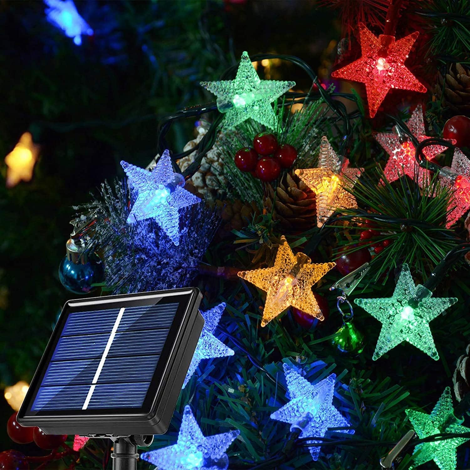 Windpnn 30ft Solar Powered Star String Lights, 50LED 8 Modes Solar Fairy Lights Outdoor Waterprooof for Christmas, Party, Wedding, Home, Garden, Patio Decoration (Cool White)