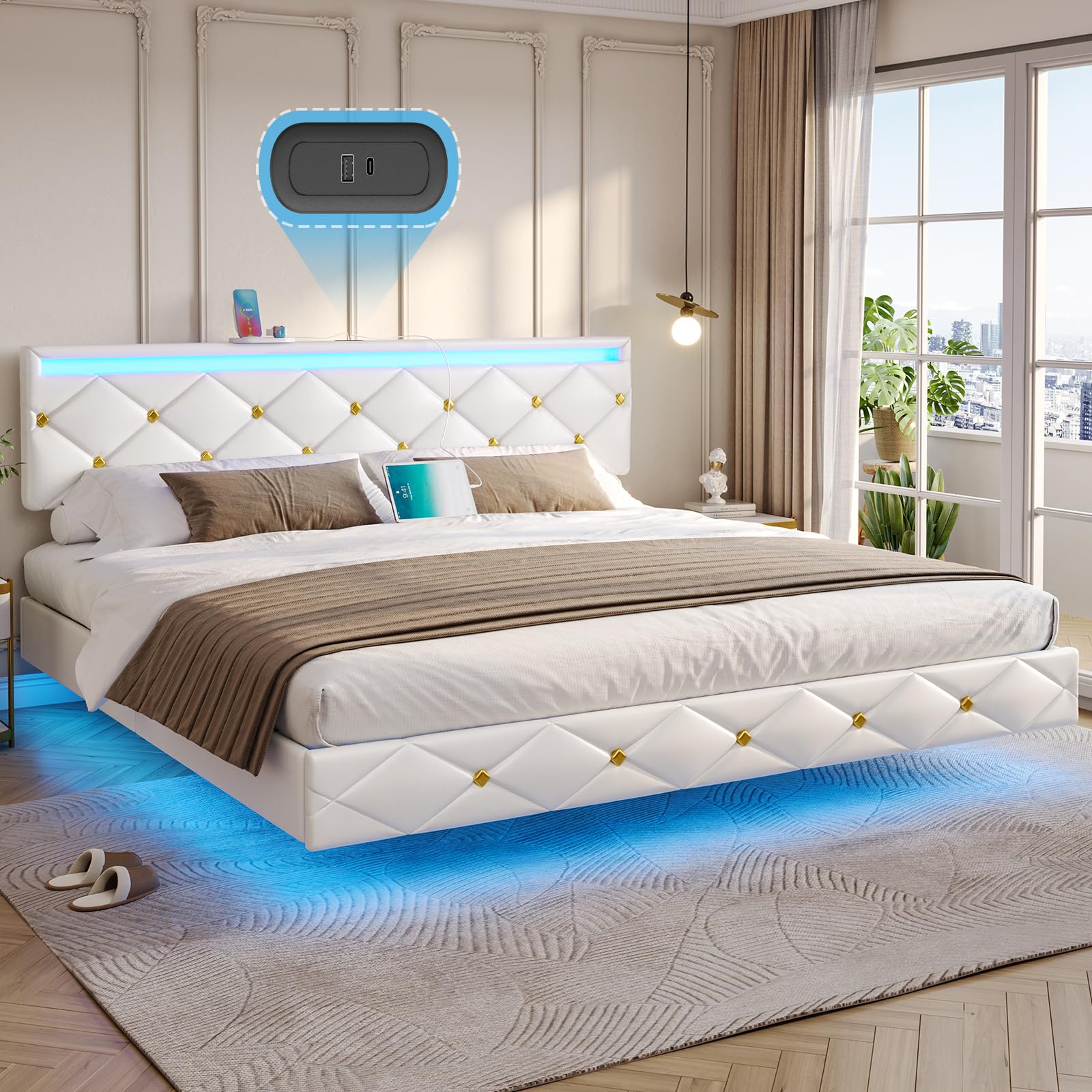 Hasuit Floating Bed Frame King Size with LED Lights and Charging Station, Modern King Platform Bed with Vegan Leather Upholstered Headboard, No Box Spring Needed, Noise Free, Easy to Assemble