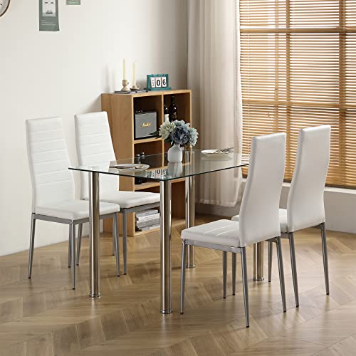 Karl home Modern Tempered Glass Dining Table, Kitchen & Dining Room Glass Tables with 4 Heavy-Duty Metal Legs, 200lbs Capacity, 43.3" L x 27.6" W x 28.9" H (Glass)