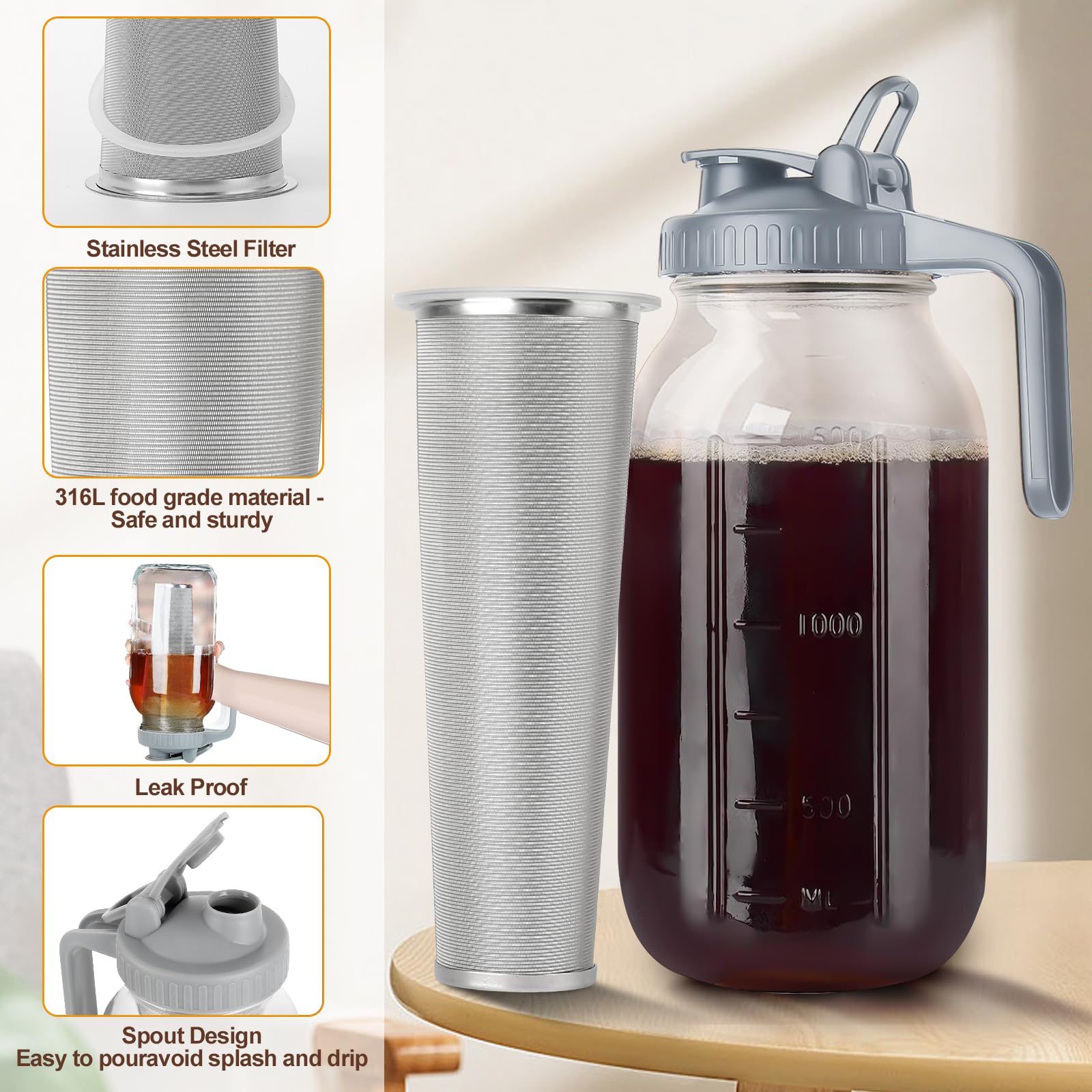 Cold Brew Mason Jar Coffee Maker, 64oz Cold Brew Coffee Pitcher, Durable Glass Mason Jar Cold Brew Coffee Maker With Handle & Stainless Steel Filter For Iced Coffee Tea Fruit Drinks Container