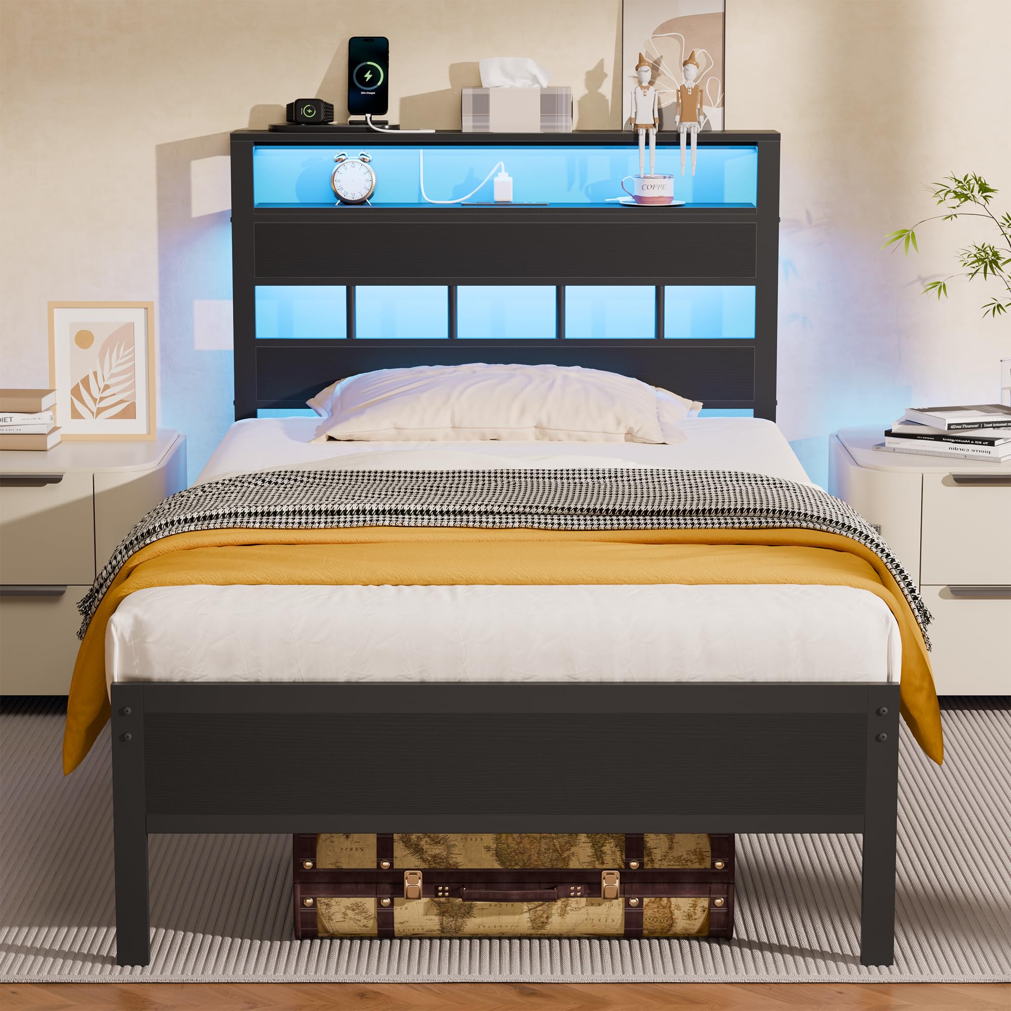 Furnulem Twin Size Bed Frame with Charging Station and LED Lights, Platform Bed with Metal Slats, Grey Upholstered Headboard with 2-Tier Storage Shelves, No Box Spring Needed