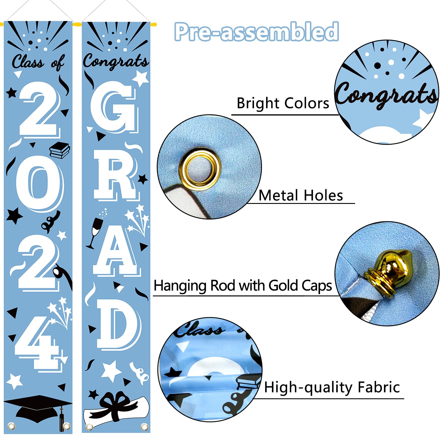 Graduation Porch Banner Class Sign Light Blue Congrats Grad Hanging Flags High School College University Party Decoration For Front Door Outdoor Light Blue