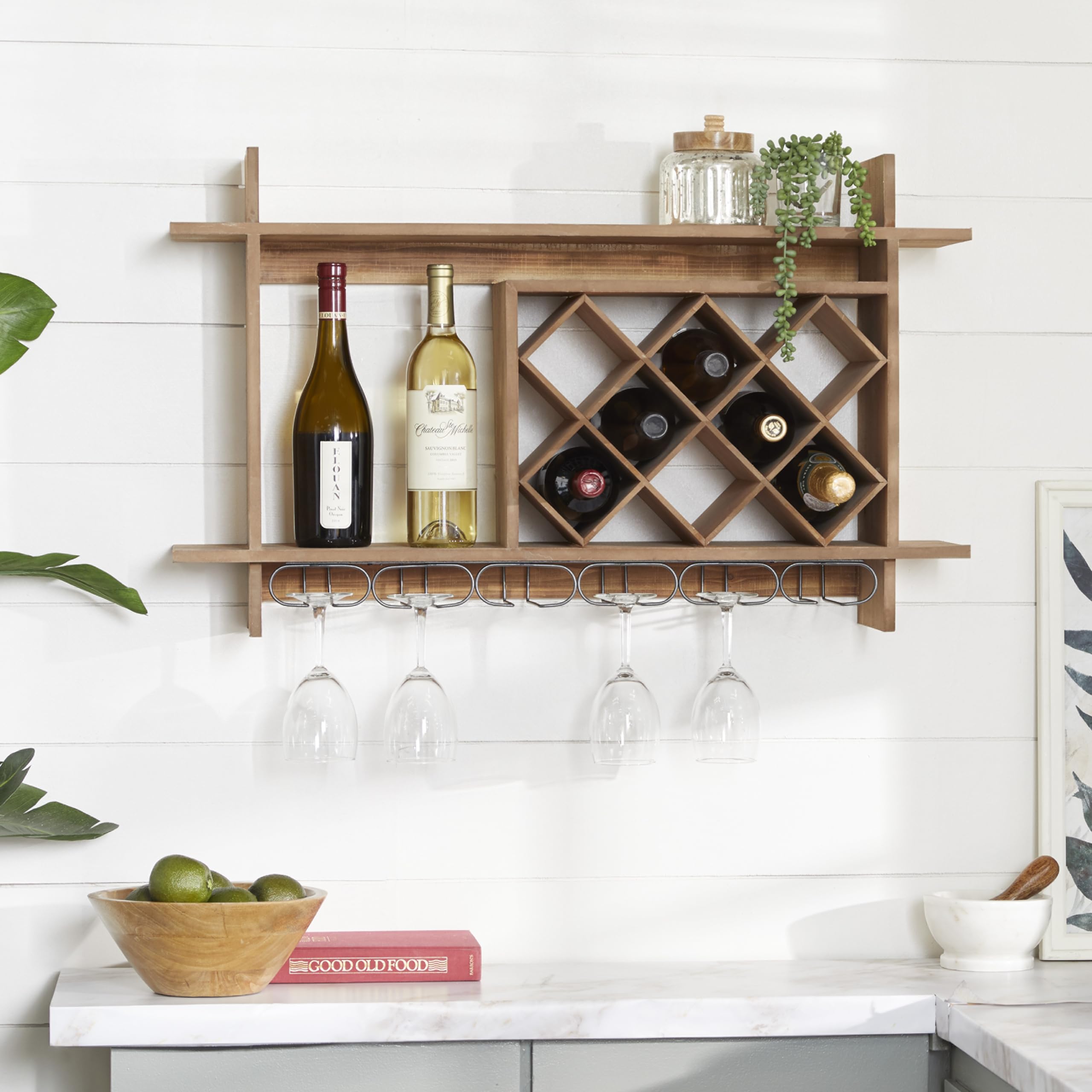 Deco 79 Wood Geometric 8 Bottle Slot Wall Wine Rack with 6 Glass Holder Slots, 34" x 8" x 20", Brown