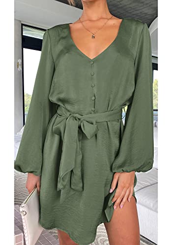 PRETTYGARDEN Women's Spring Long Puff Sleeve Satin Dress V Neck Cocktail Party Belted Short Formal Dresses (Army Green,Medium)