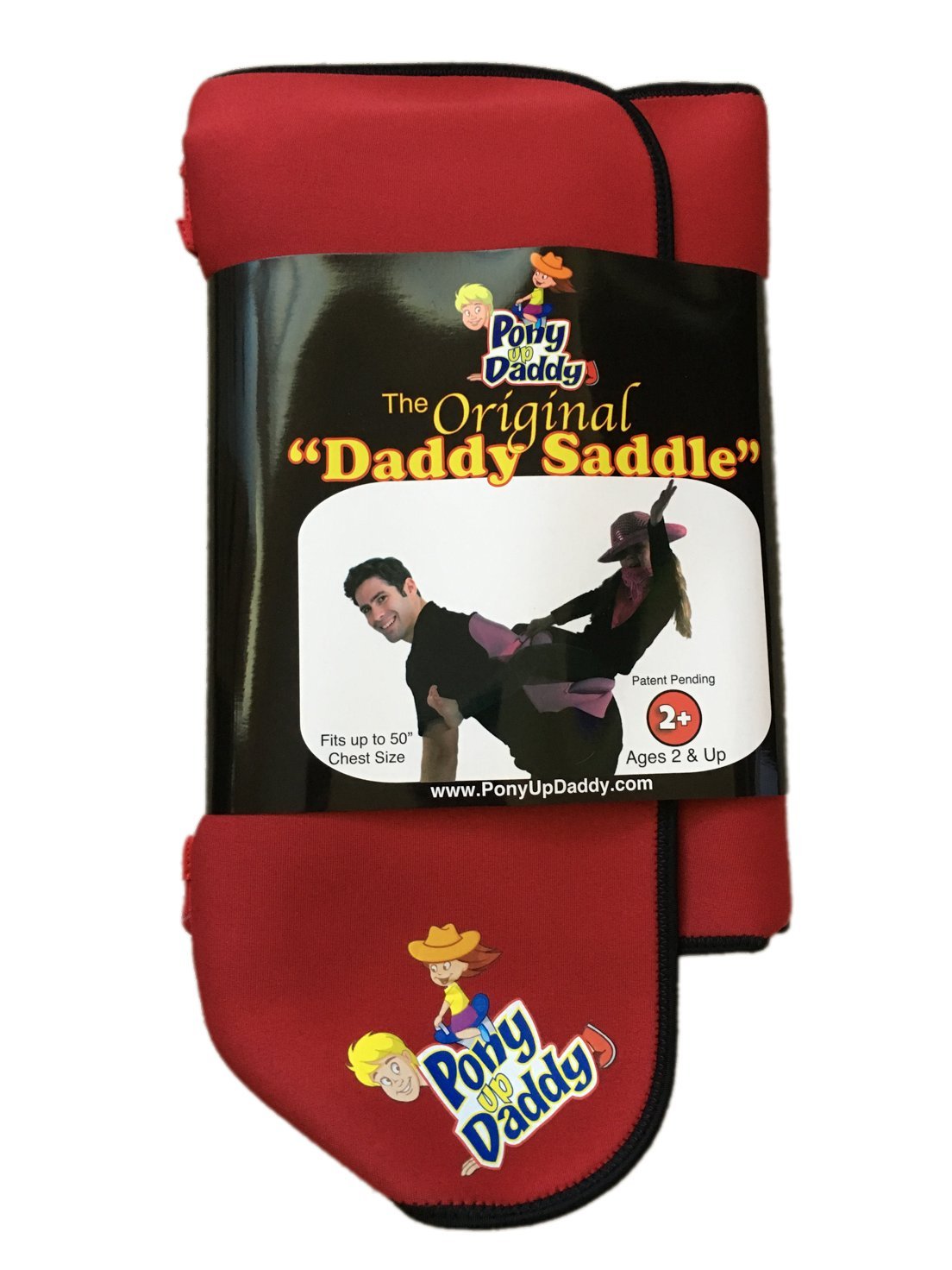 Pony Up Daddy - Neoprene Parent Saddle with Easy Close Strap - Features Padded Seat and Grab Handle for Safe and Comfortable Play Pony Rides - Fits Up to 50" Chest Size - Raider Red