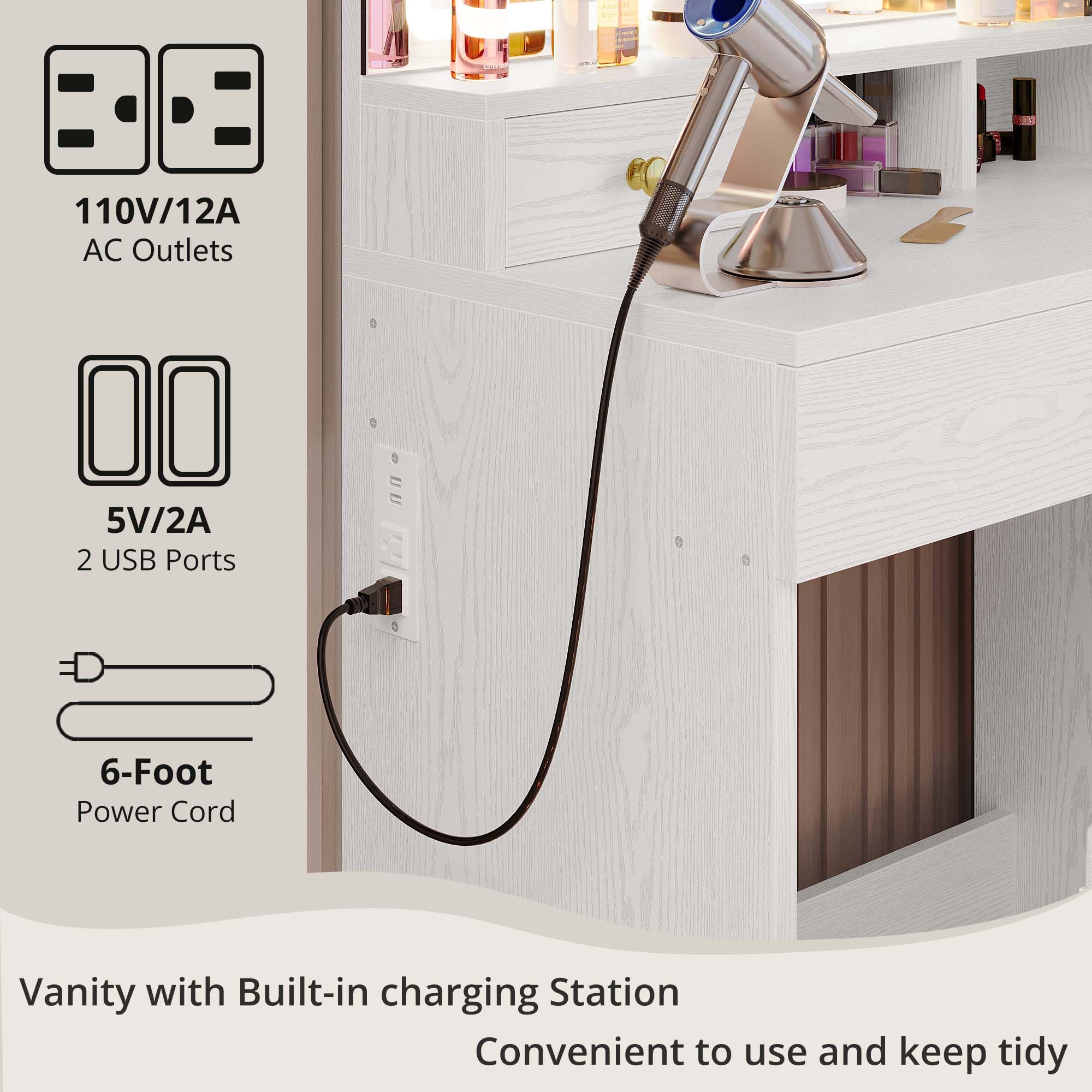 IRONCK Vanity Desk with LED Mirror and Lights and Power Outlet, Modern 8 Drawers Makeup Vanity Table with Storage Stool, for Bedroom, White