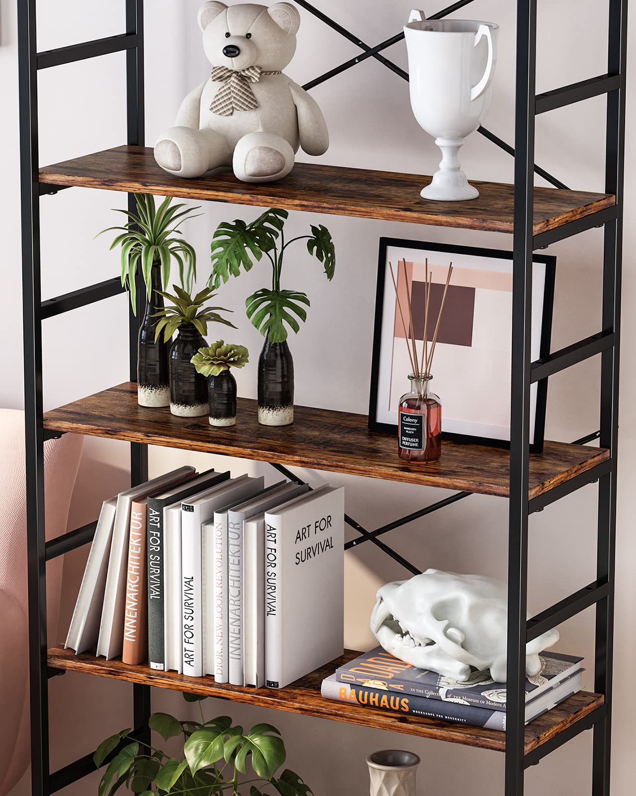 CosyStar 5-Tier Adjustable Tall Bookcase, Rustic Wood and Metal Standing Bookshelf, Industrial Vintage Book Shelf Unit, Open Back Modern Office Bookcases