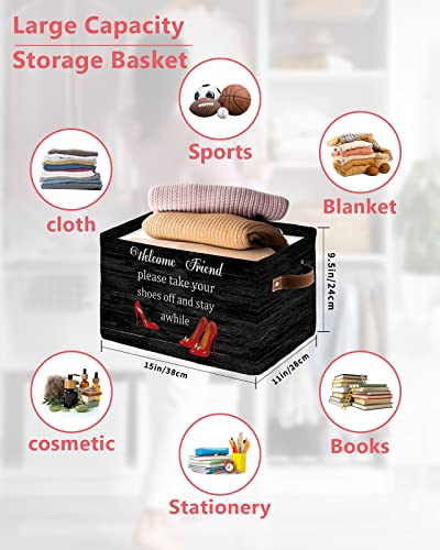 Cube Storage Bins Cloth Towel Organizer Welcome Friend Please Take Your Shoes off and Stay Awhile Red High Heels Black Wooden Fabric Collapsible Storage Baskets with Handles 1 Pack