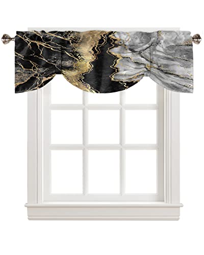 SIGOUYI Kitchen Curtains, Black White Gold Marble Valances for Windows, Short Curtains Rod Pocket Bathroom Curtains Window, Kitchen Window Curtains Over Sink, 60x18in Valances for Kitchen
