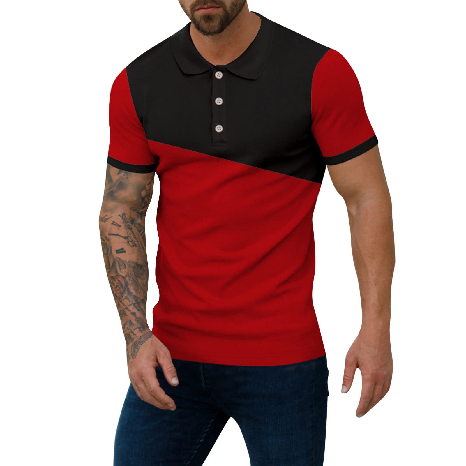 DUOWEI Mens Summer Fashion Soft Breathable Lapel Color Matching Short Sleeve Shirt T Shirt Red