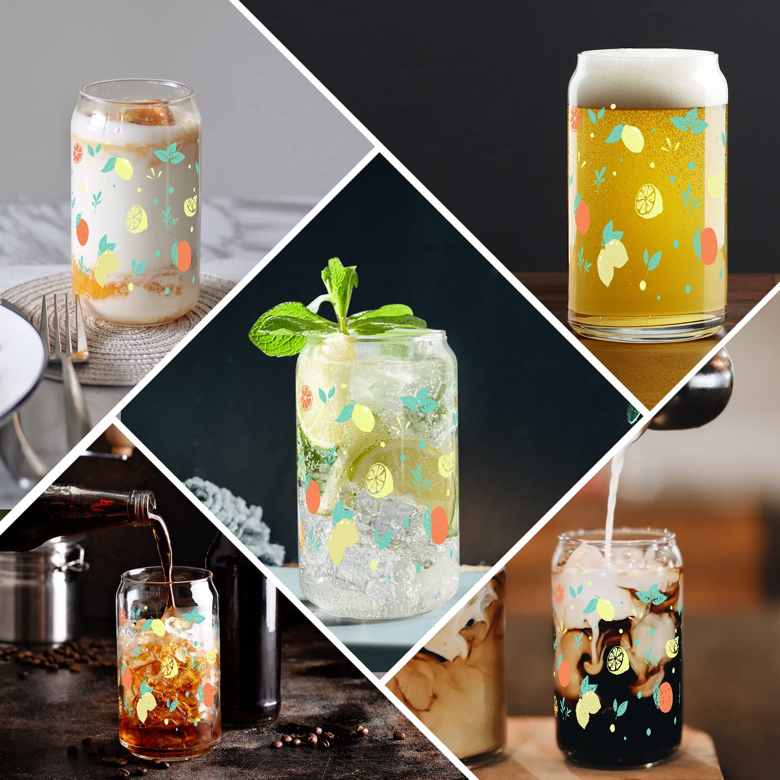 Cold Temperature Change Glass Cup - 4 Pack, 16 oz Can Shaped Glass Cups, Drinking Glasses, Beer Mug, Iced Coffee Mug, Cola Mug, Water Mug, Soda Mug, with Glass Straw and Two Cleaning Brushes