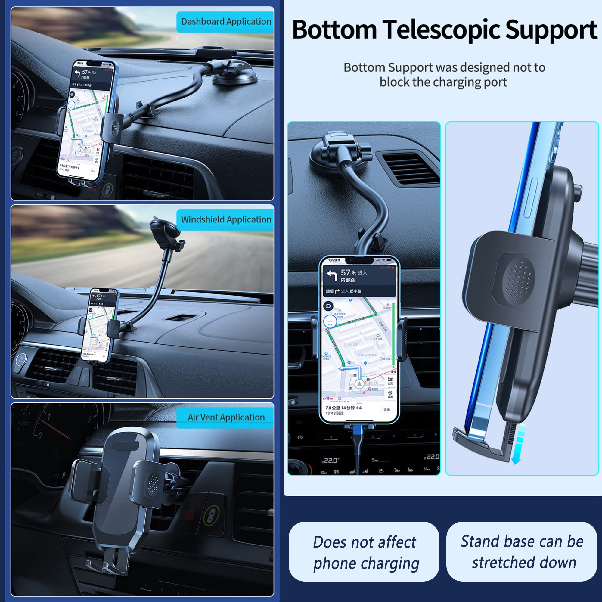 Fehlot Car Phone Mount,Dashboard/Windshield/Air Vent Cell Phone Holder,Gooseneck Long Arm Cradle Anti-Shake Handsfree Stand Compatible iPhone 13 12 14 Pro Max and All Smart Phones