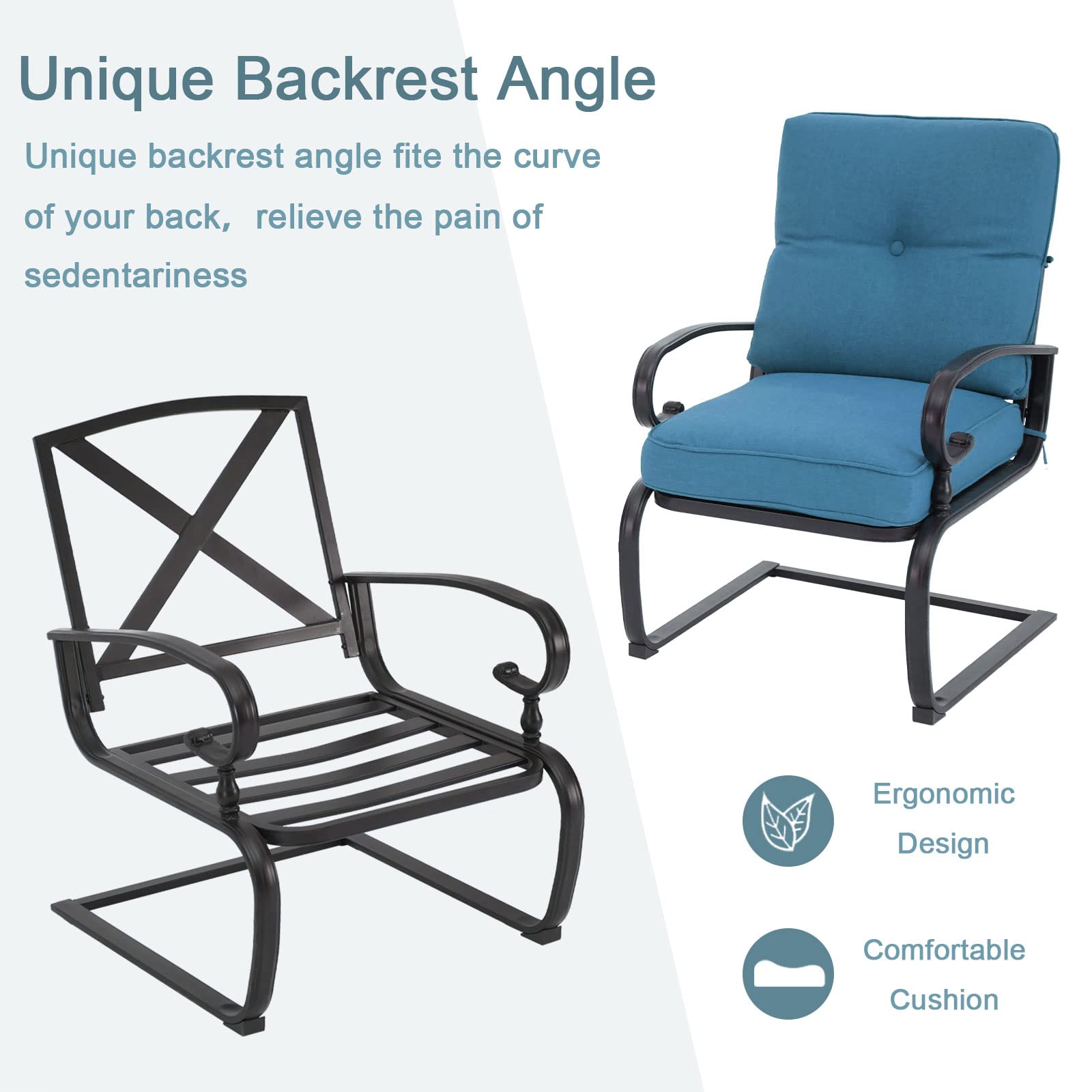 Incbruce 4Pcs Outdoor Metal Furniture Patio Conversation Sets (Glider, Bistro Table, 2 Spring Lounge Chairs) - Wrought Iron Outdoor Glider Chairs Sets (Peacock Blue)