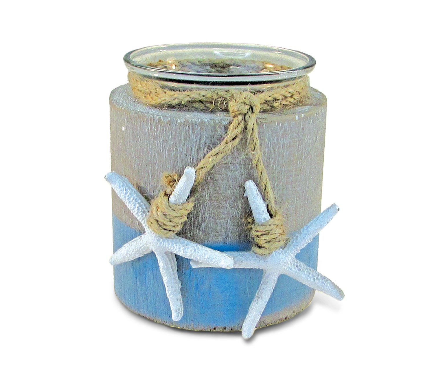 COTA Global Ocean Breeze Nautical Wooden Pillar Candle Holder - Table Centerpiece Candle Holder Decor for Beachy Decorations, Rustic Candle Holder with Hanging Starfish - Handmade Color May Vary