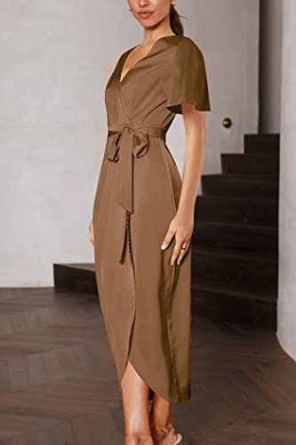 PRETTYGARDEN Women's Summer Formal Midi Satin Dress Short Sleeve V Neck Belted Cocktail Party Ruched Dresses (Brown,X-Large)