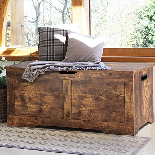 Timberer 39.4" Storage Chest, Wooden Storage Bench, Lift Top Toy Chest with 2 Safety Hinges, Large Toy Box, Entryway Bench for Living Room, Bedroom, Rustic Brown