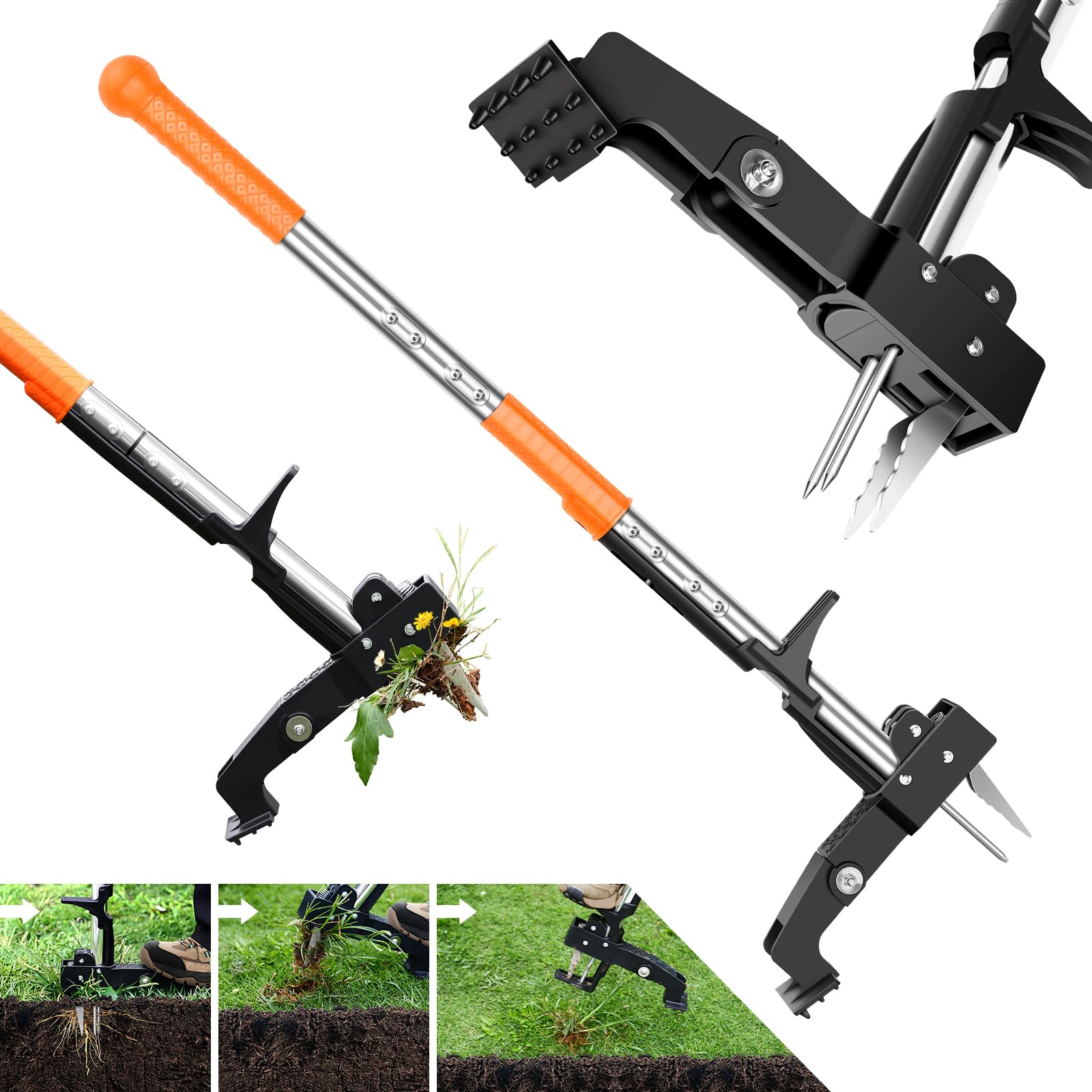 Elecshion Weed Puller Tool, Heavy Duty Stand Up Weed Puller with 39.3" Long Handle & 4 Tough Stainless Steel Claws, Detachable Weed Remover Tool for Lawn Garden without Bending, Pulling, or Kneeling